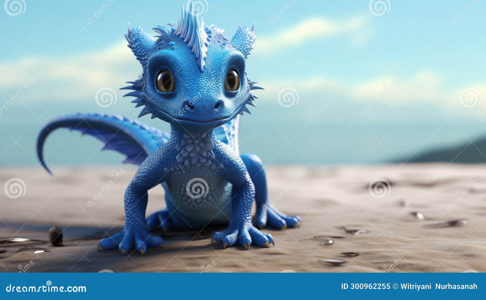 Blue Baby-dragon Sitting on a Black Surface, Front View. Generative AI ...
