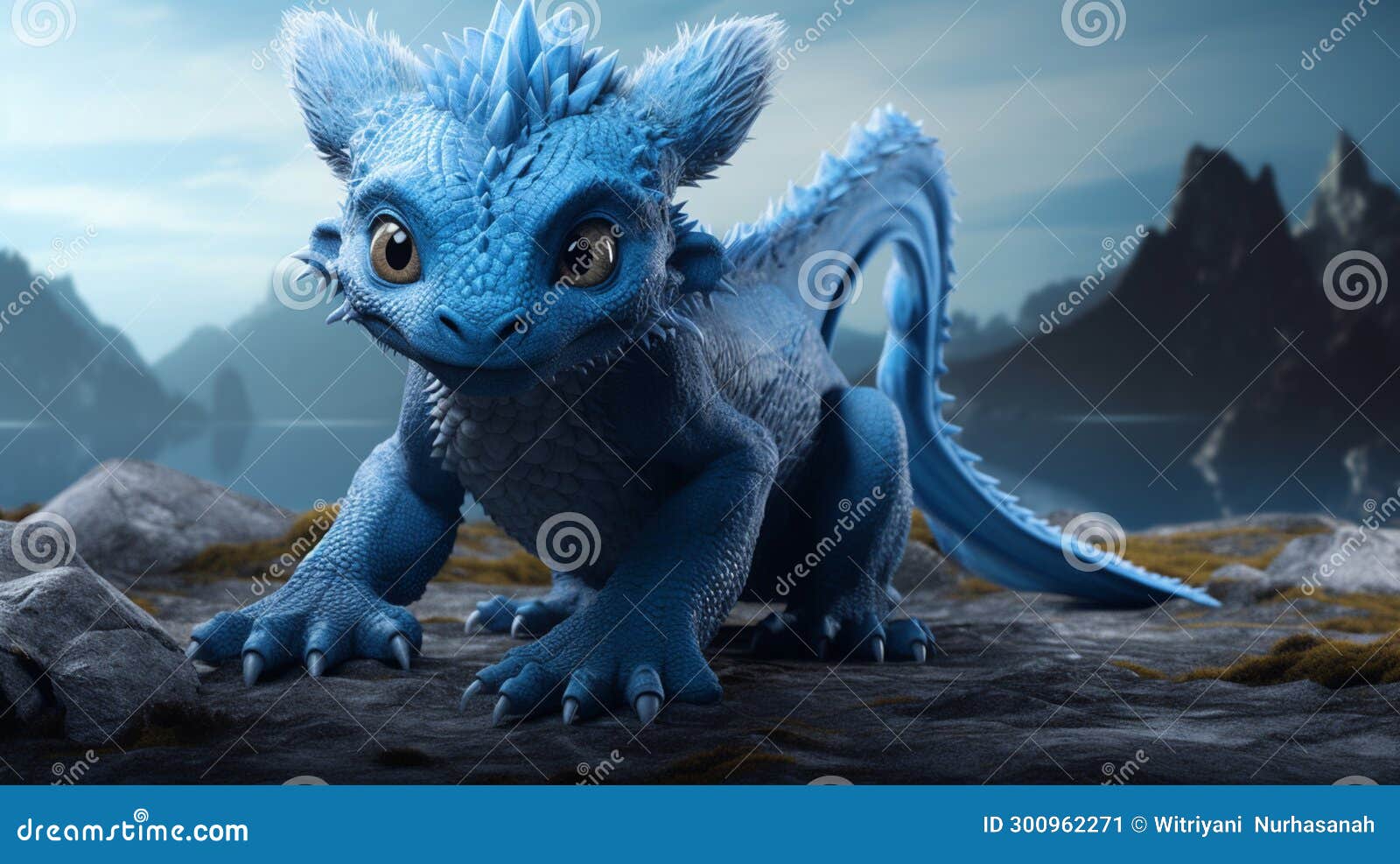 Blue Baby-dragon Sitting on a Black Surface, Front View. Generative AI ...