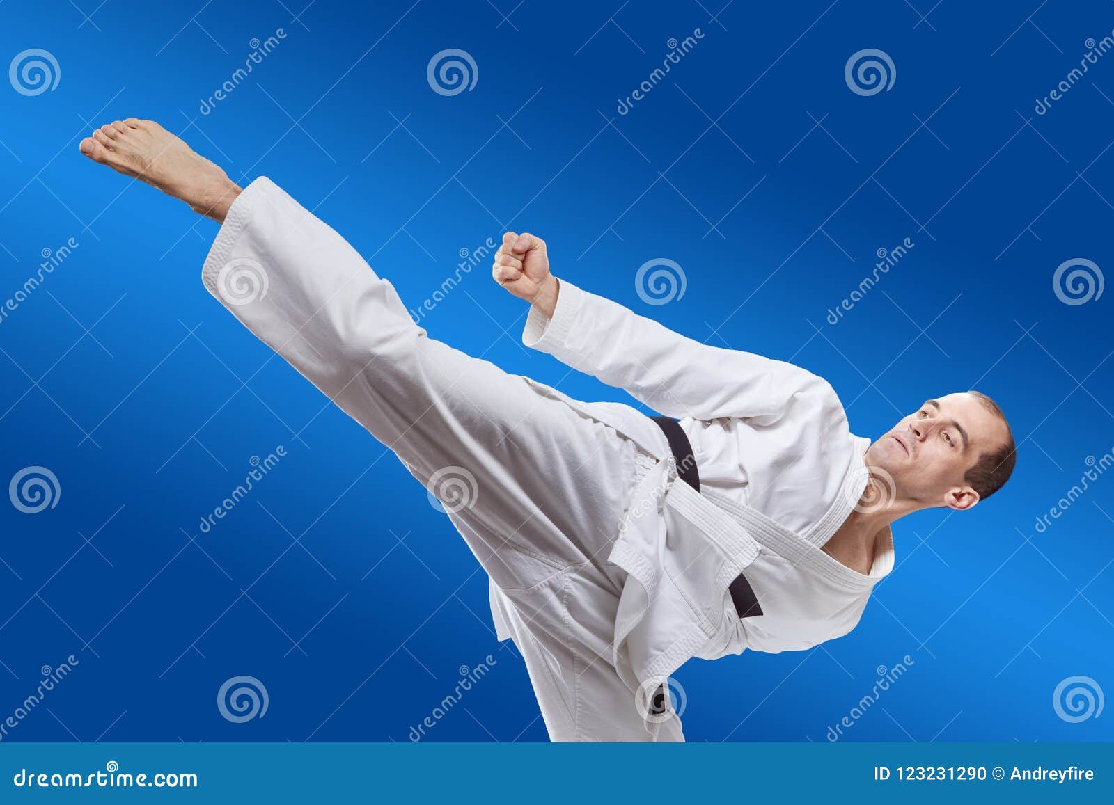 On a Blue Background Athlete Beats Roundhouse Kick Stock Photo - Image ...