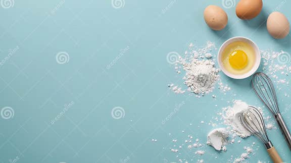 Blue Background for Baking, Flour, Eggs, Whisk. Empty Space Stock ...