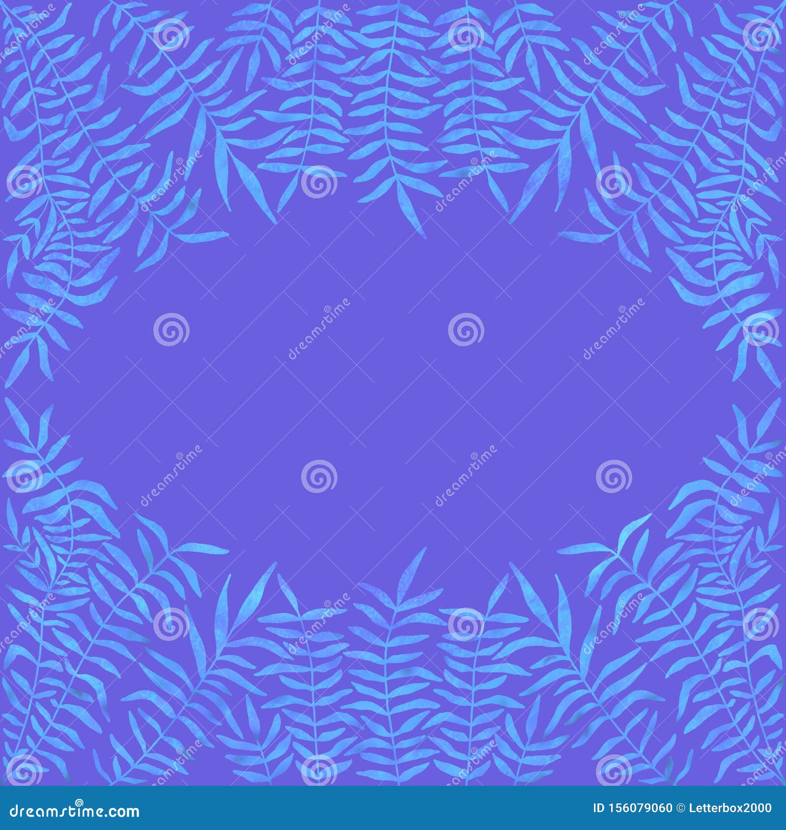 Decorative Square Frame of Light Blue Branches and Leaves on a Purple ...