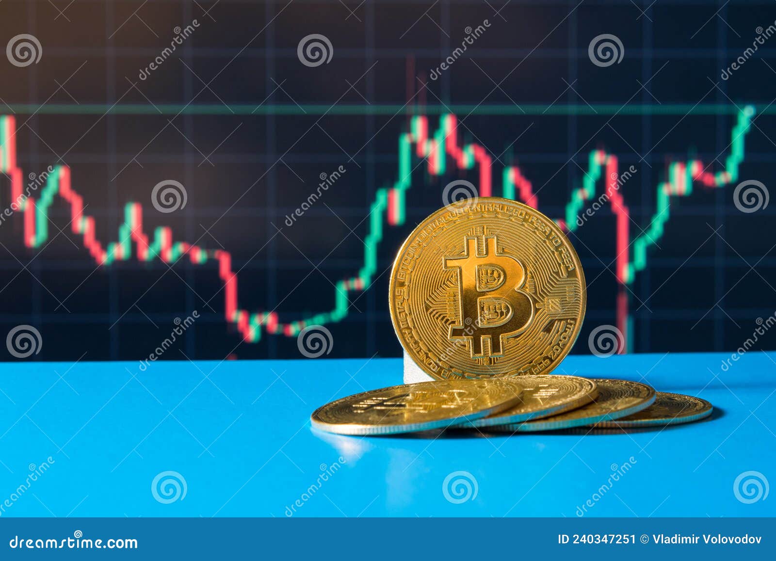 On the Blue Background of the BTC Coin Behind Them is a Graph of the ...