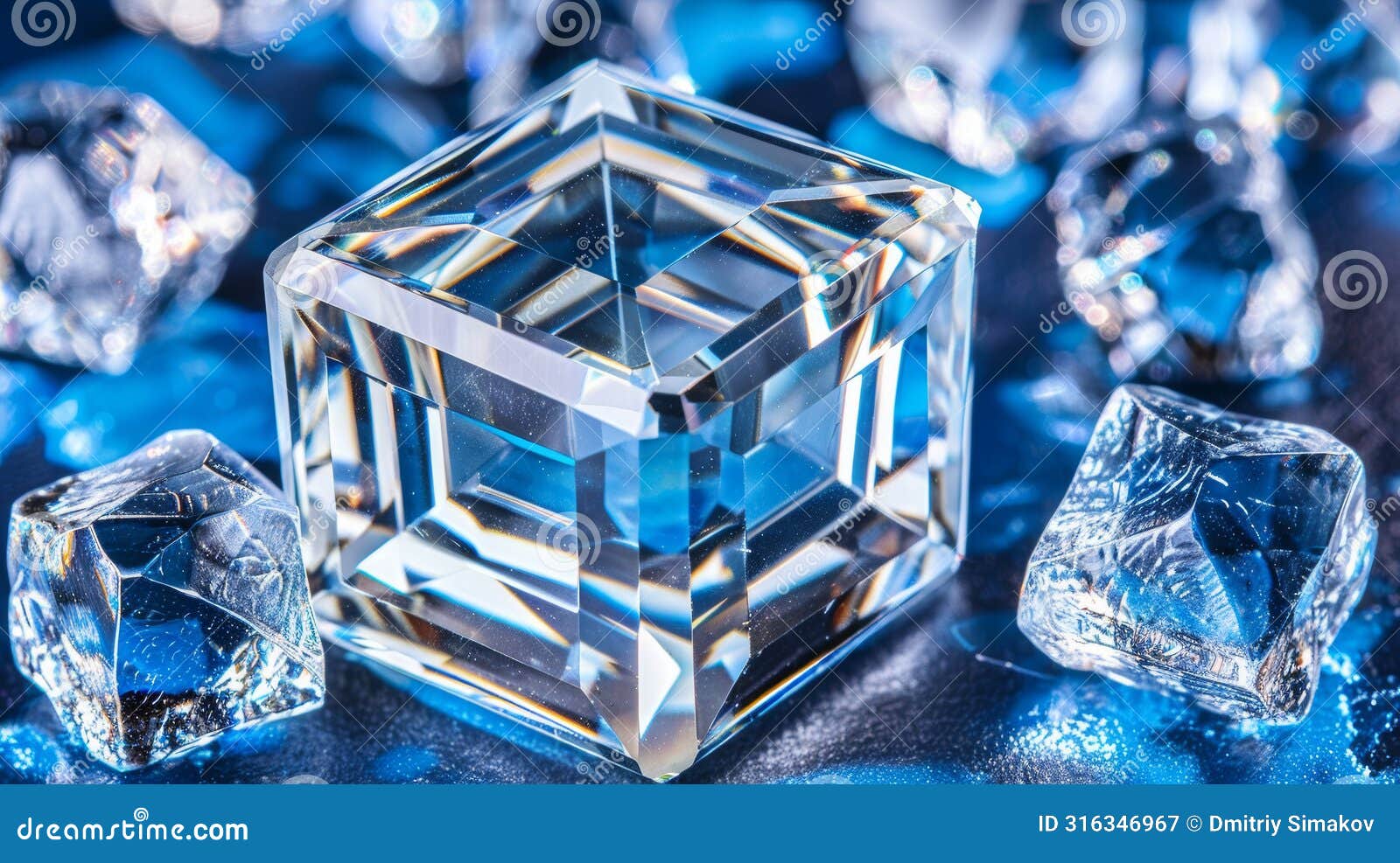 A Blue Background with a Clear Cube and a Bunch of Diamonds Stock ...