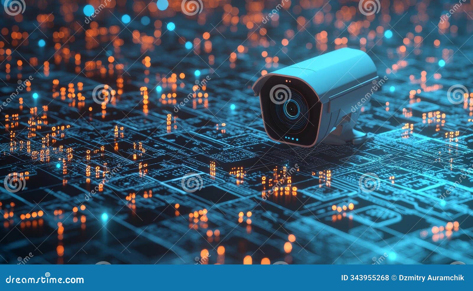 A Blue Background Displays a Wireframe Mesh of a CCTV Security Camera ...