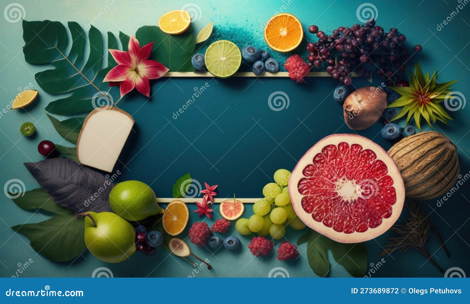 A Blue Background with Fruits and Vegetables Arranged in a Rectangle ...