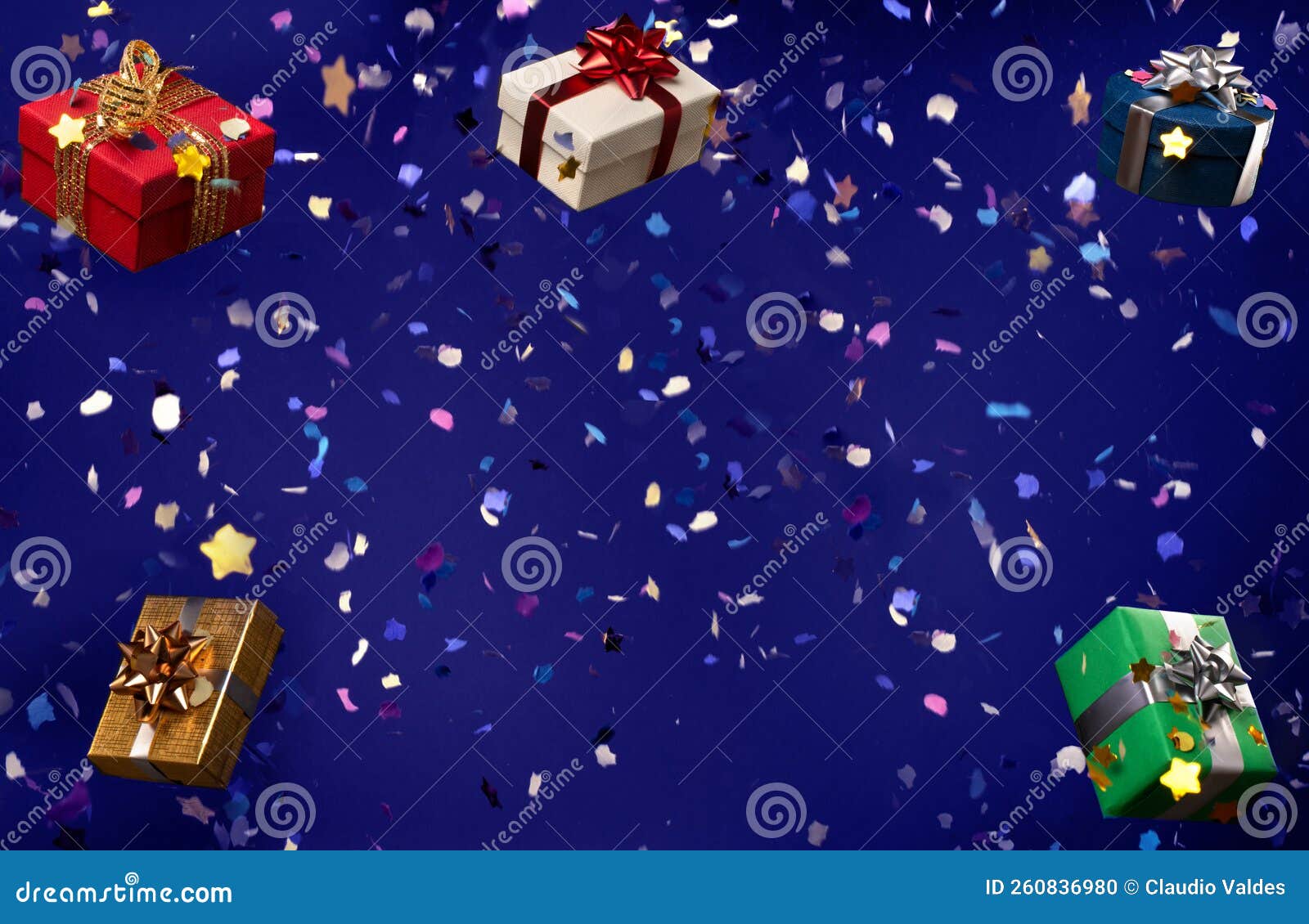Blue Background with Gifts and Falling Confetti Stock Photo - Image of ...