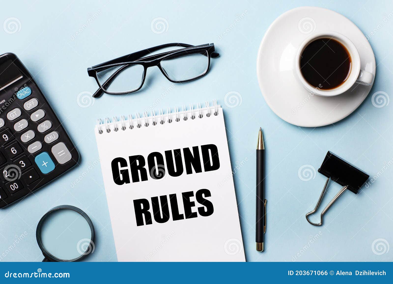 On a Blue Background, Glasses, Calculator, Coffee, Magnifier, Pen and ...