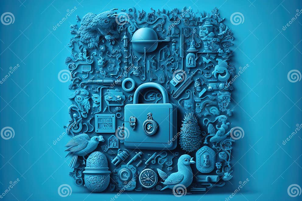 A Blue Background with a Lock and Various Objects on it and a Bird ...