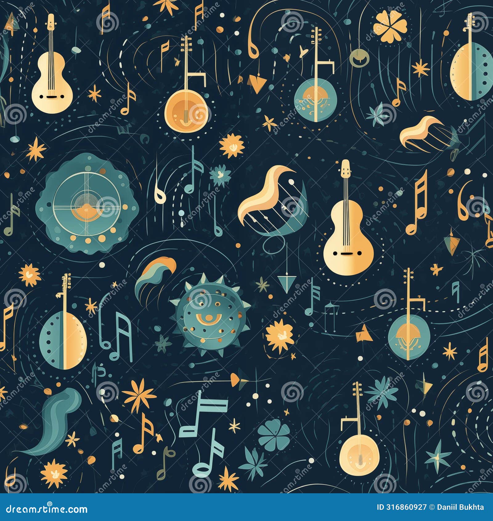 Blue Background with Musical Instruments and Stars. Generative AI Stock ...