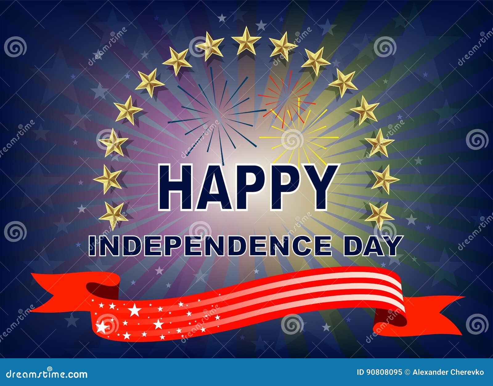 Blue Background with Rainbow Rays and Gold Stars Stock Vector ...