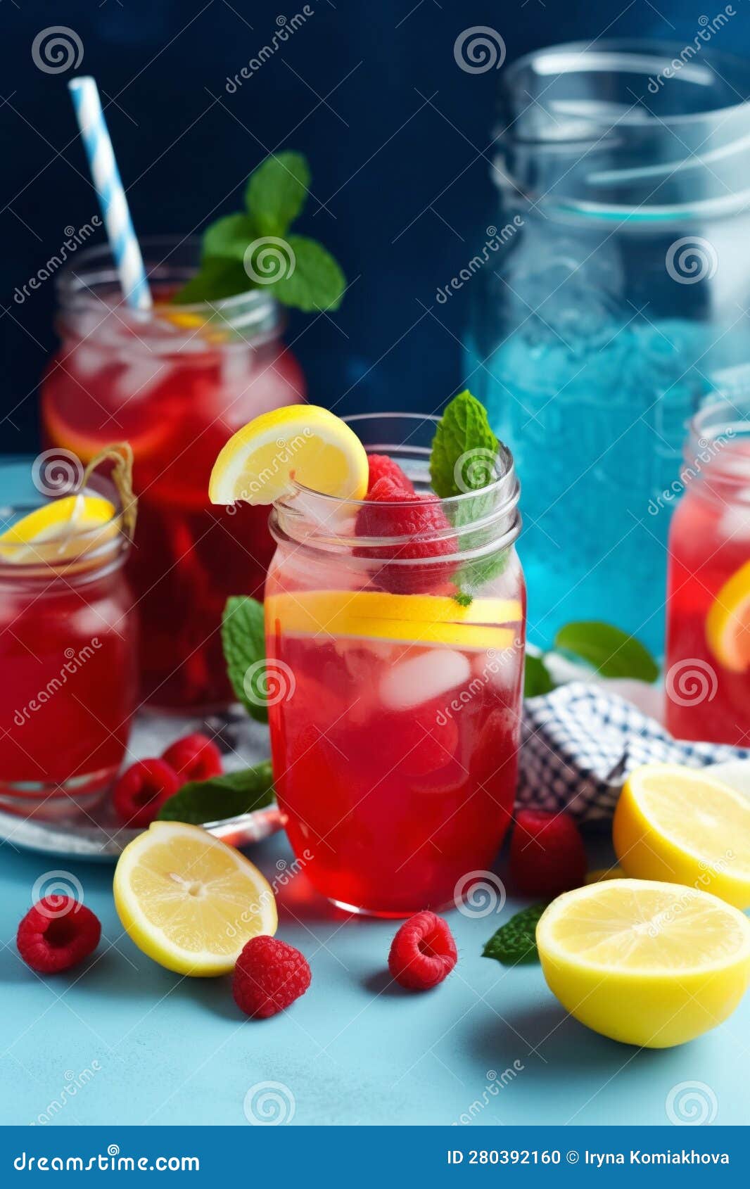 On a Blue Background Raspberry Mint Lemonade Fresh Generated Ai Stock ...
