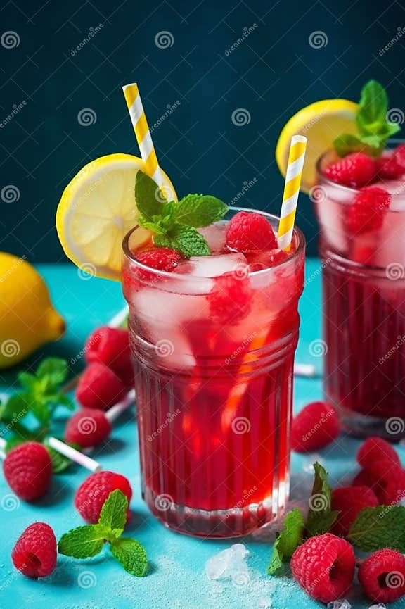 On a Blue Background Raspberry Mint Lemonade Fresh Generated Ai Stock ...
