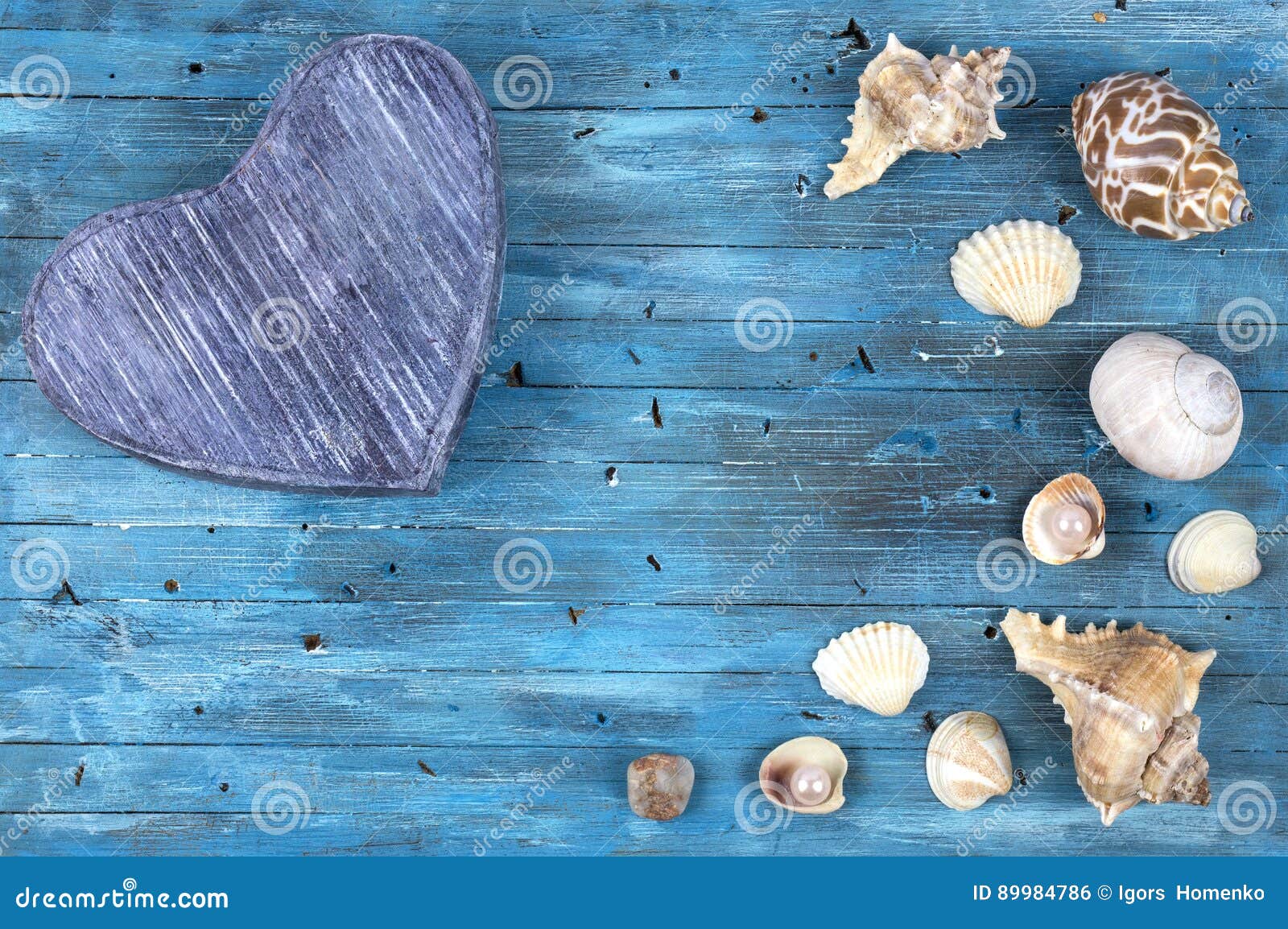 Blue Background with Sea Shells. Stock Photo - Image of wooden, blue ...