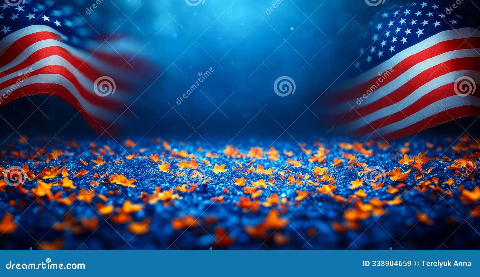 A Blue Background with Two American Flags in the Foreground Stock Image ...