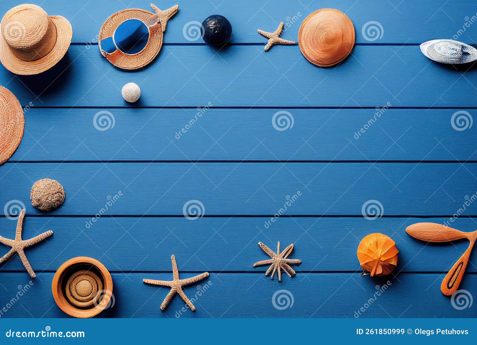 A Blue Background with a Variety of Beach Items on it Stock ...