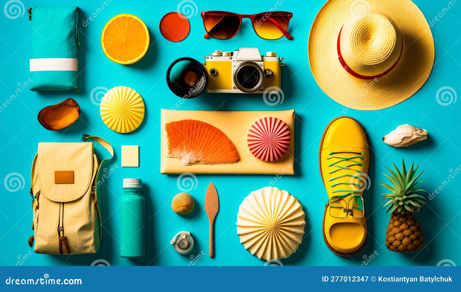Blue Background with Various Items Including Hat, Sunglasses, and ...