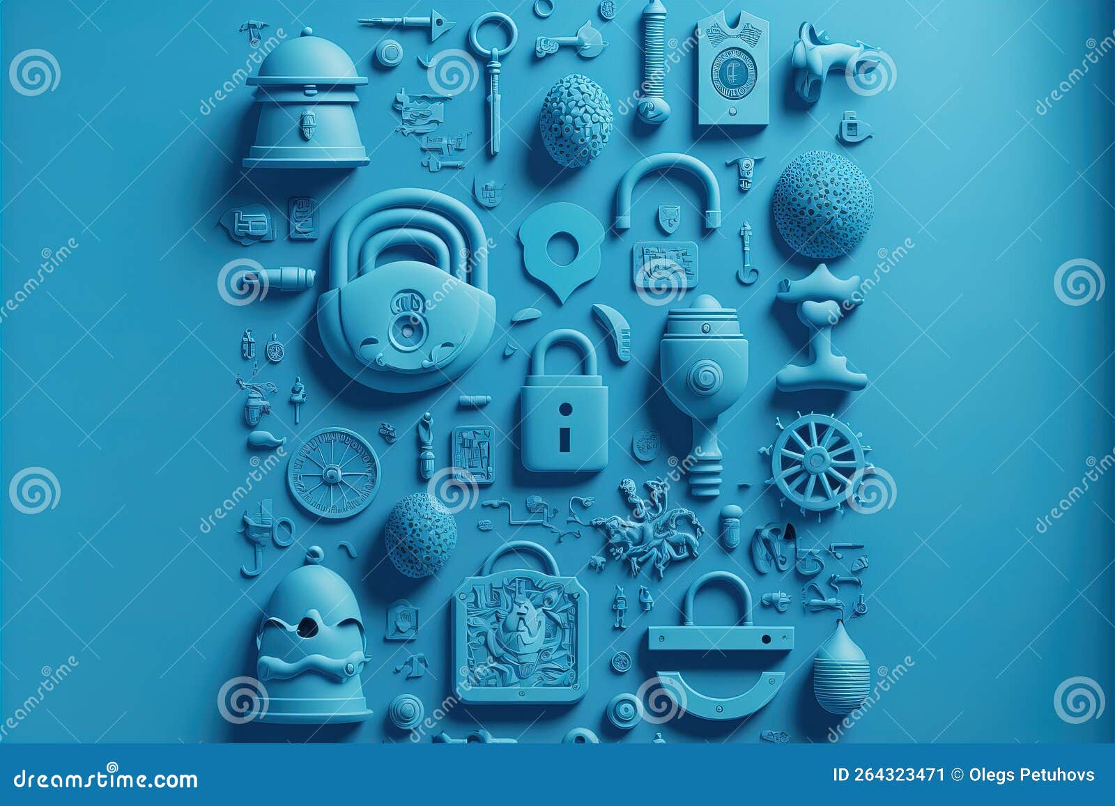 A Blue Background with Various Objects and a Lock on it S Side Stock ...