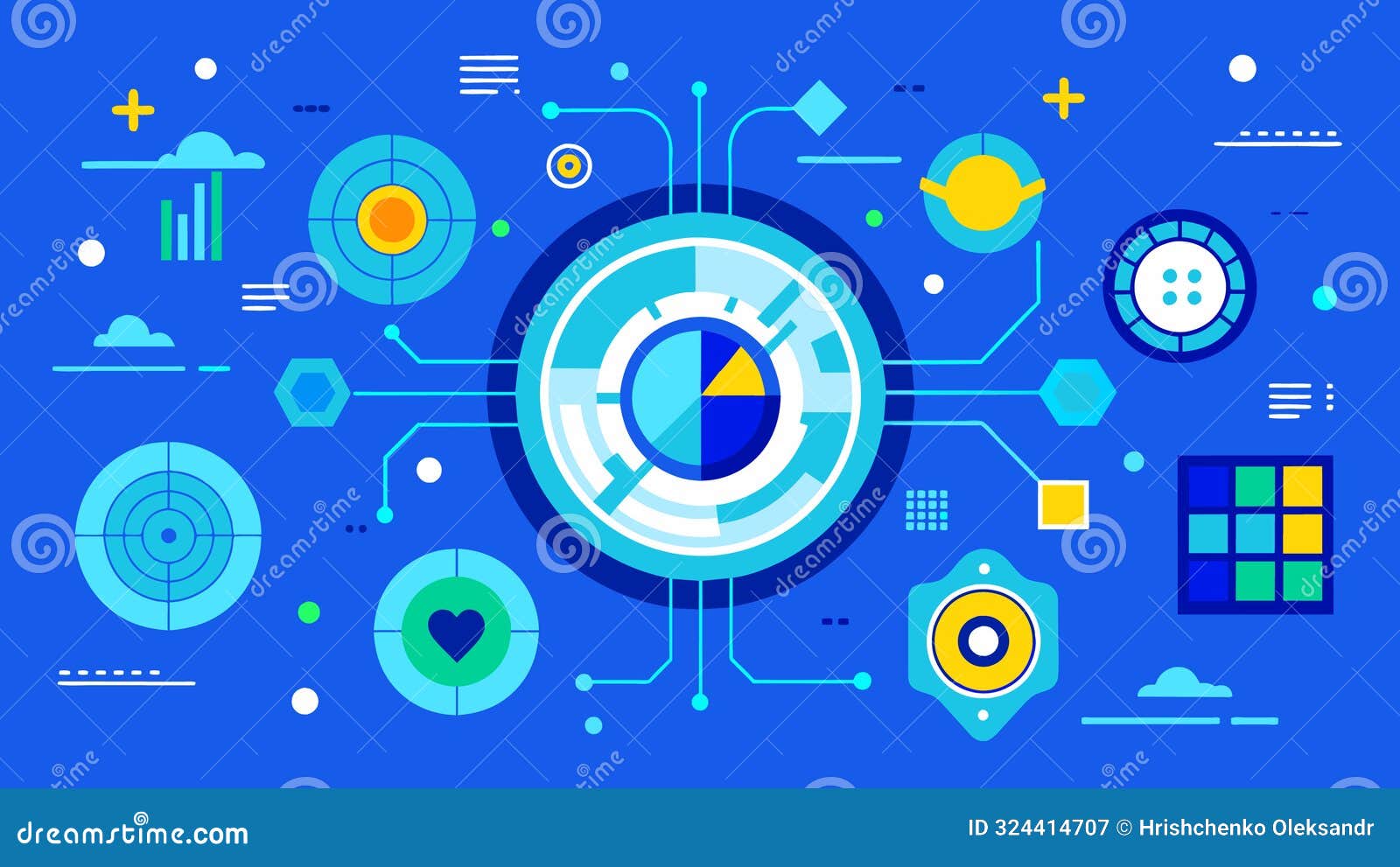 Blue Background With Various Shapes And Icons. These Shapes Represent ...