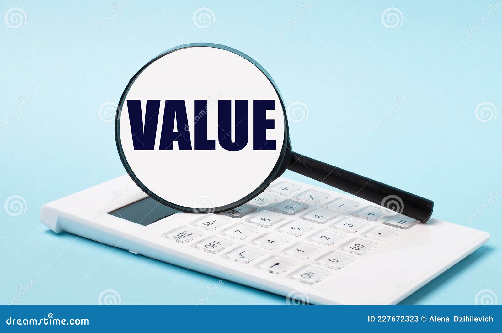 On a Blue Background, a White Calculator and a Magnifying Glass with ...