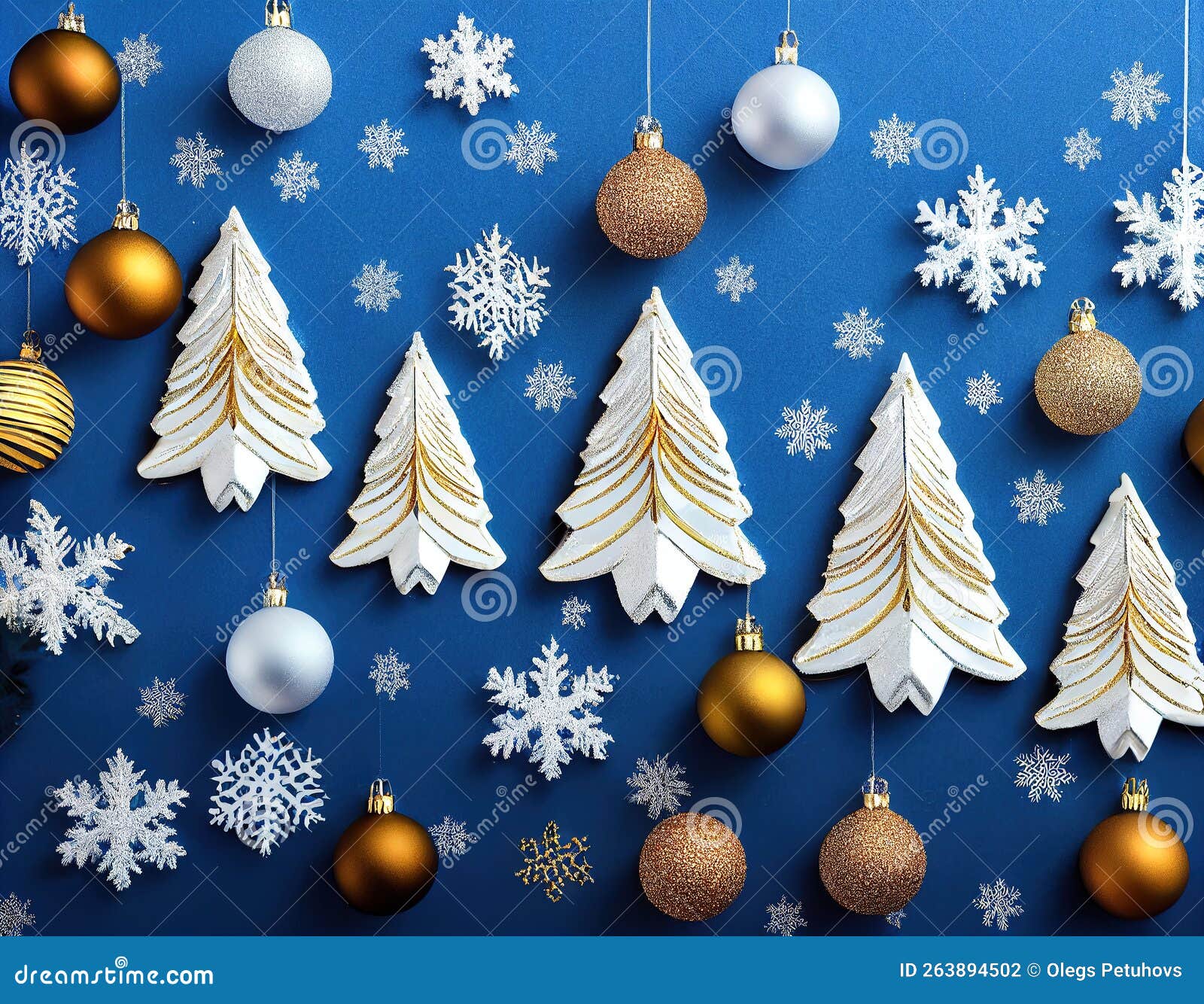 A Blue Background with White and Gold Christmas Decorations and ...