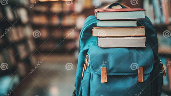 Blue Backpack with Books Stacked on Top, Blurred Background Stock ...