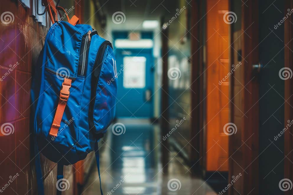 Blue Backpack Hanging on a Hook in a School Corridor. Stock Image ...