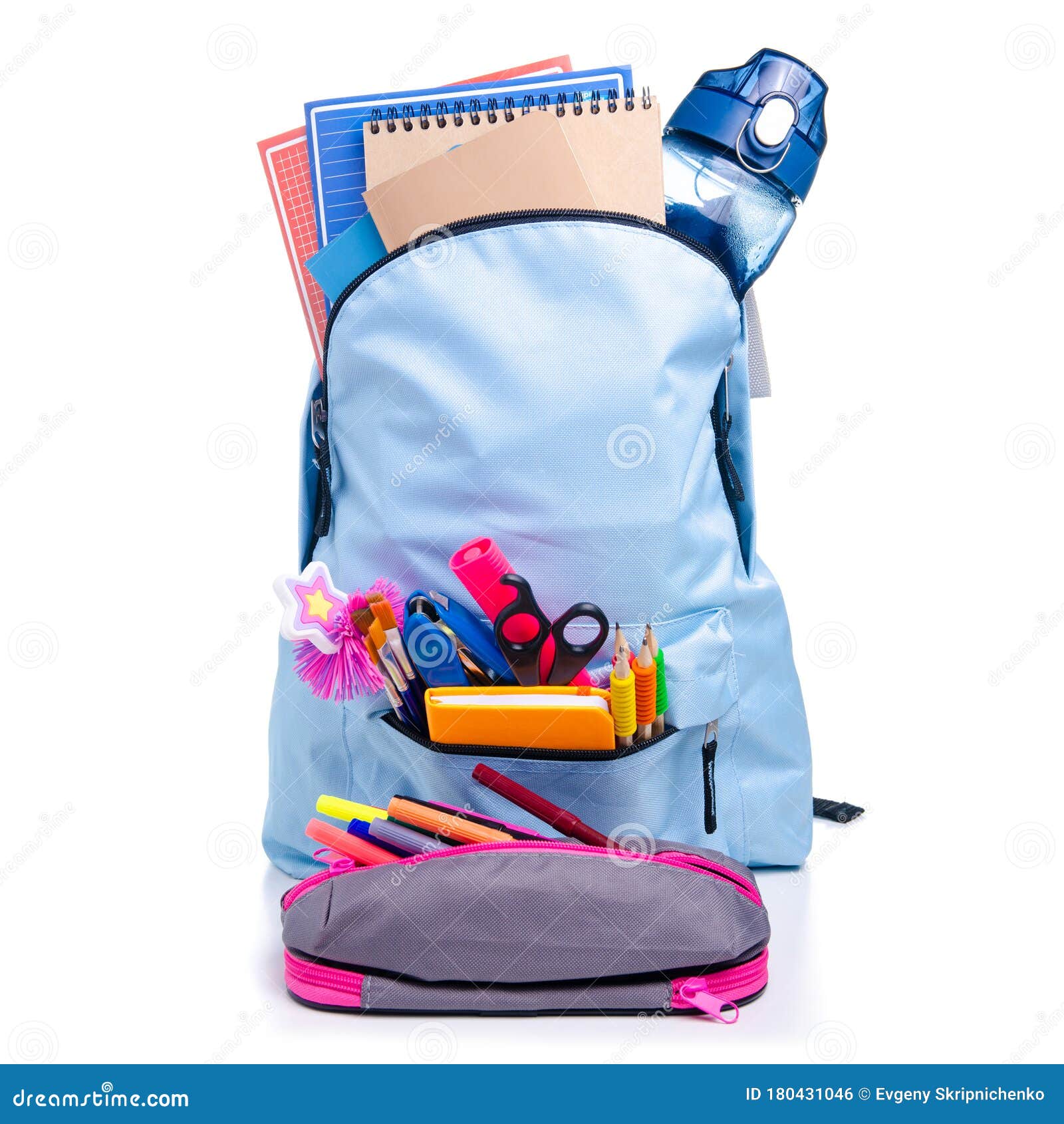 Blue Backpack with School Supplies Stock Photo - Image of paper, pencil ...