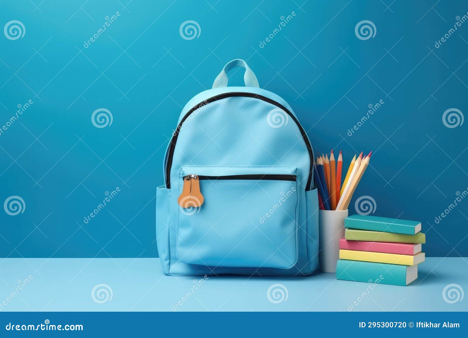 Blue Backpack with Stationery on Blue Background. Back To School ...