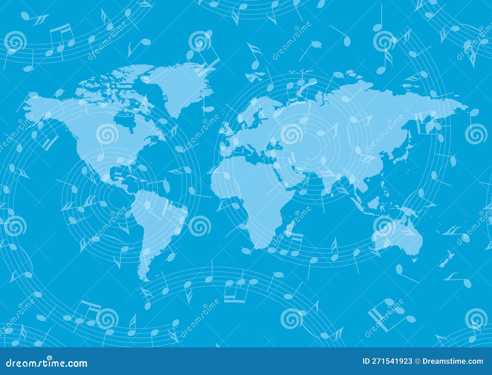 Blue Banner with Swirl of Music Notes and World Map - Vector Background ...
