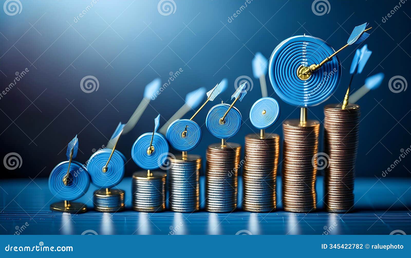 The Blue Bar Chart Shows Multiple Coins and Targets with Arrows Stock ... The Blue Bar Chart Shows Multiple Coins and Targets with Arrows Stock ...