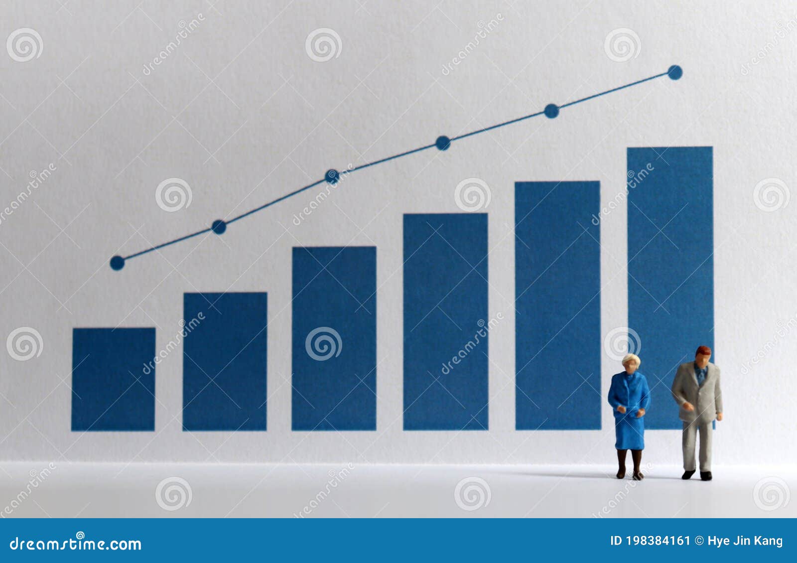 Blue Bar Graph With Flow Linear Graph. Miniature Older People. Royalty ...