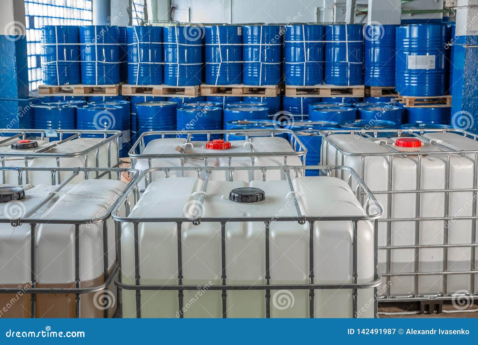 Blue Barrels in the Warehouse on Pallets Stock Image - Image of pallet ...