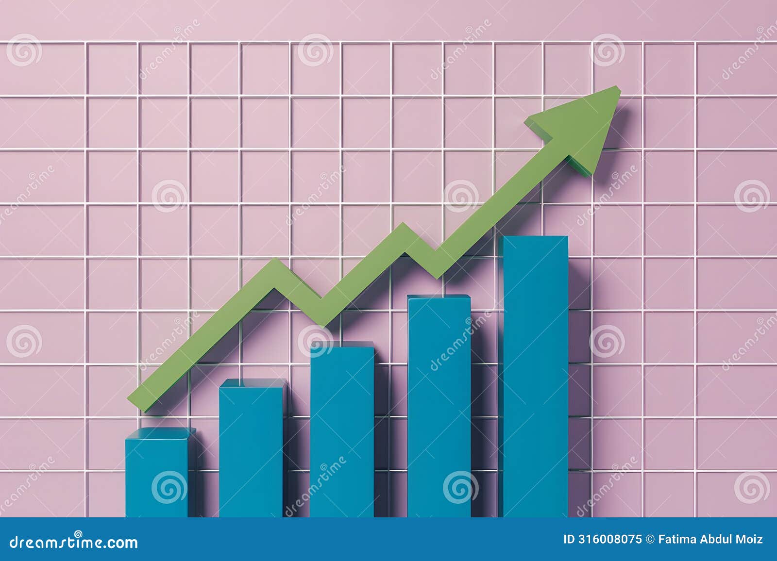 Blue Bars Ascend, Green Zigzag Line Indicates Progress on White Grid ...