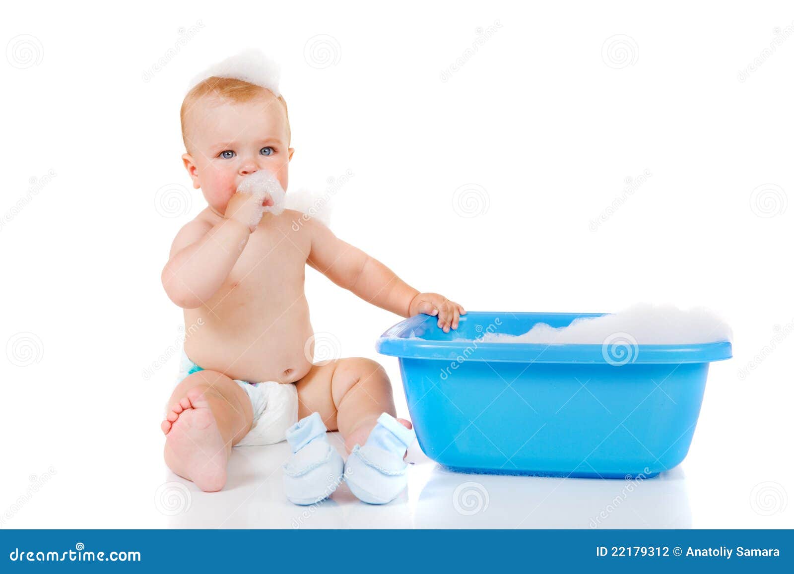 Blue basin and two babies stock photo. Image of human - 22179312