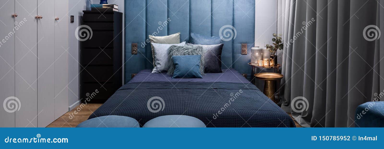 Blue Bedroom with Double Bed Stock Photo - Image of architecture ...