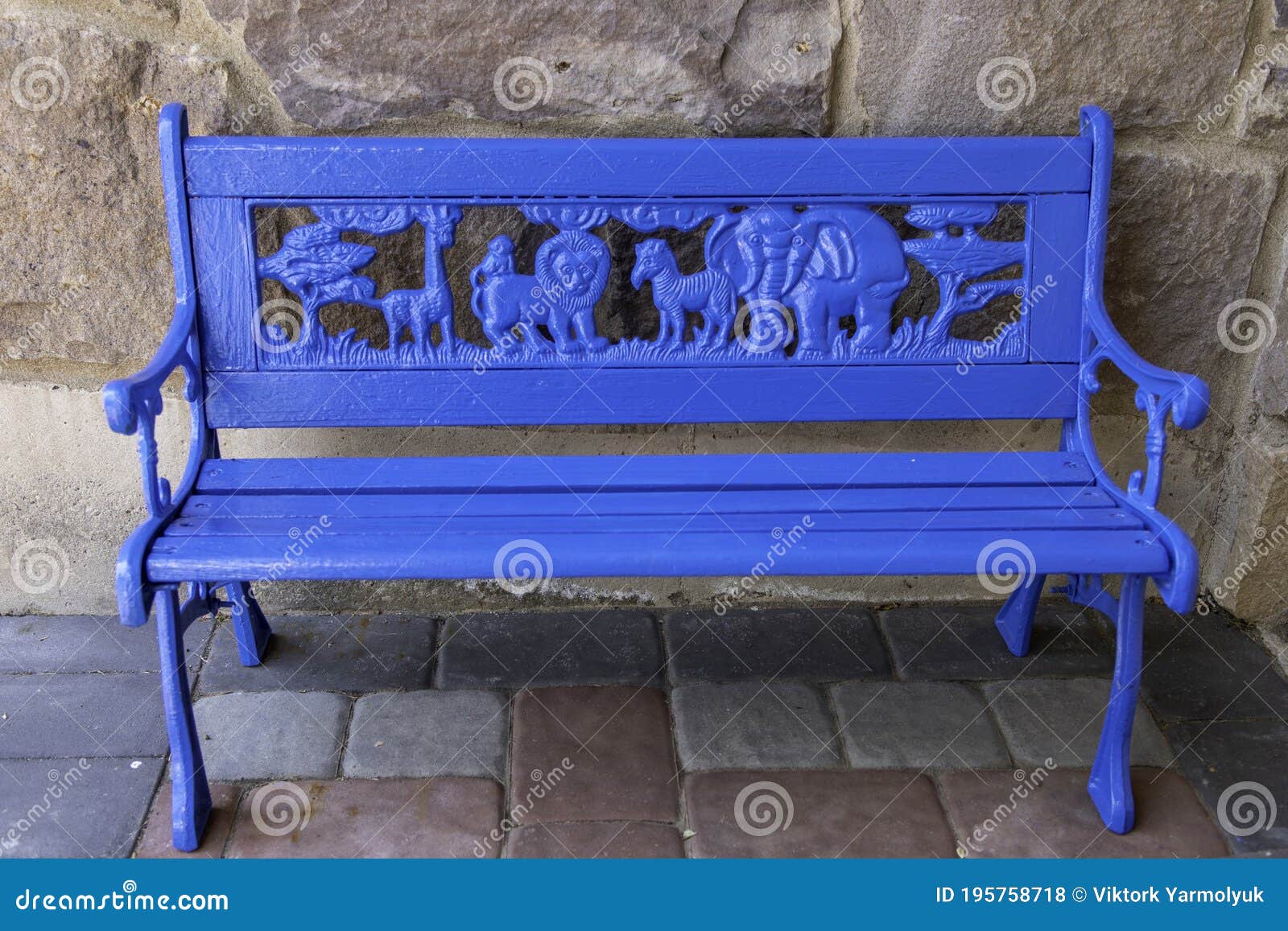 Blue bench outdoor stock photo. Image of weather, furniture - 195758718