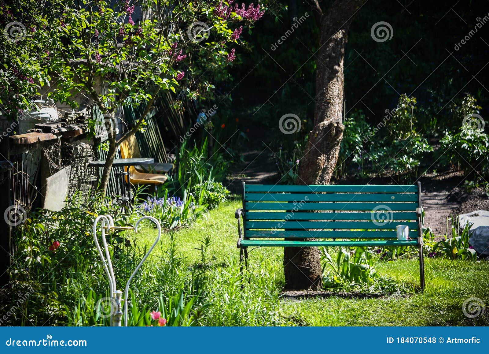 Blue Bench Sending Under Tree in Garden Stock Photo - Image of garden ...