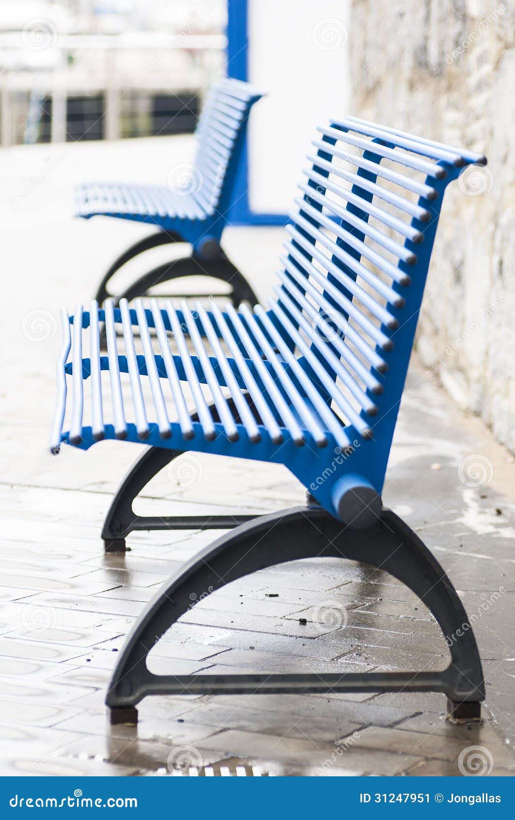 Blue benches stock image. Image of rain, empty, water - 31247951