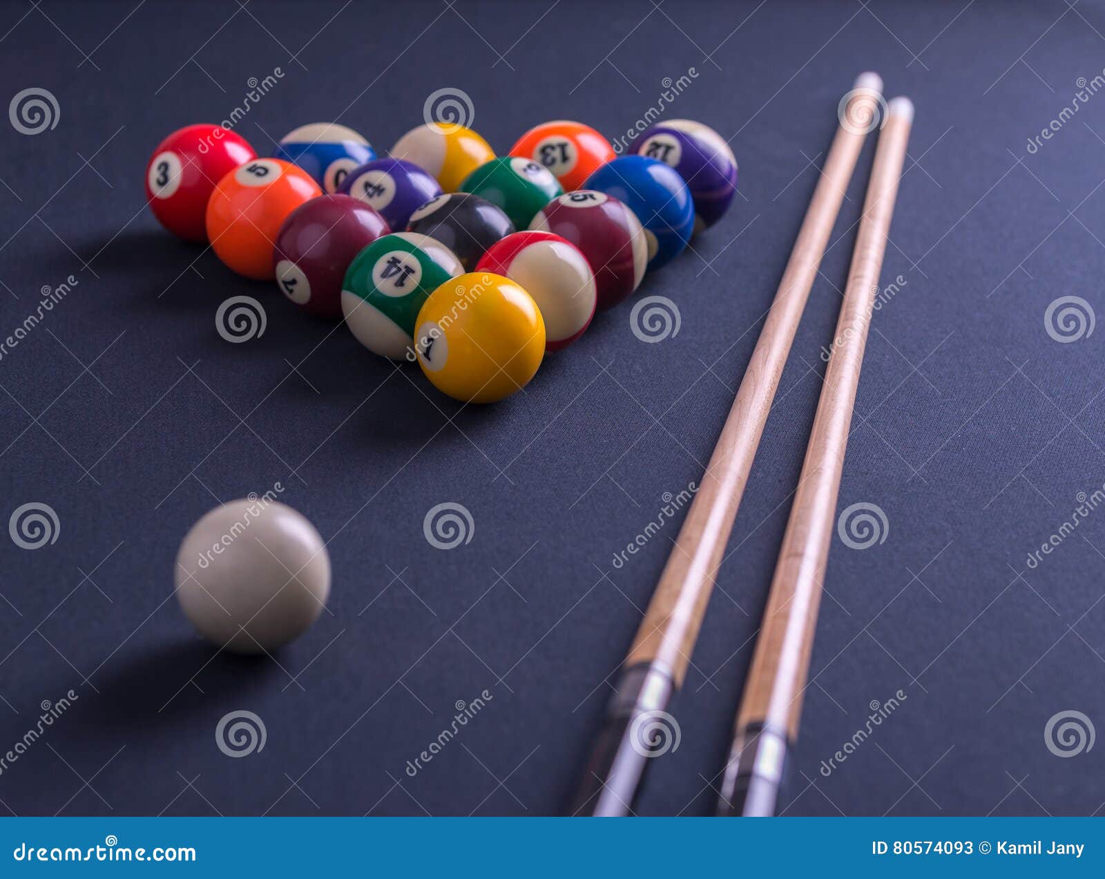 Blue Billiard Table with All Balls and Cues. Stock Image - Image of ...