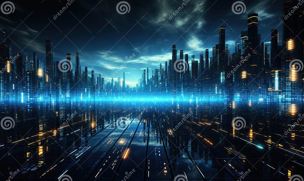 Blue Binary Codes Background with City Landscape. Stock Photo - Image ...
