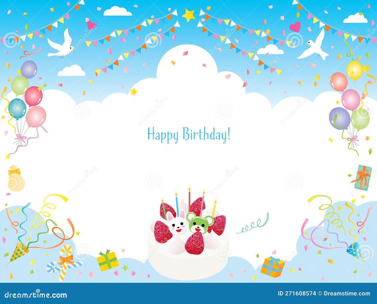 A Blue Birthday Frame of Balloon, Cake and Bunting. Stock Vector ...
