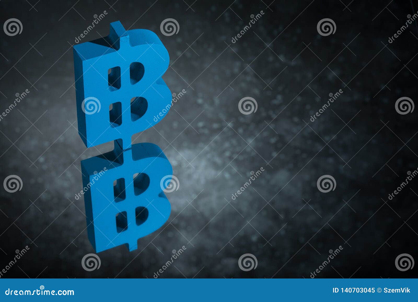 Blue Bitcoin Currency Symbol with Mirror Reflection on Dark Dusty ...