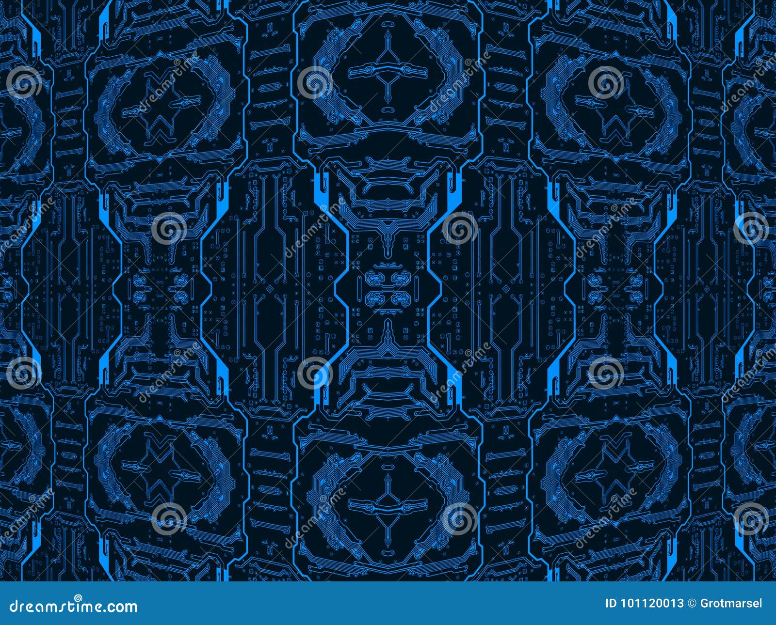 Blue on Black Circuit Board.Symmetrical Technology Background. Stock ...