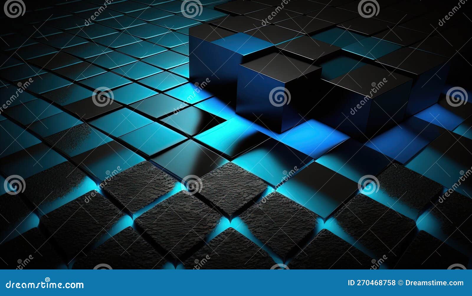 A Blue and Black Cube on a Black and White Tile Floor with a Blue Light ...
