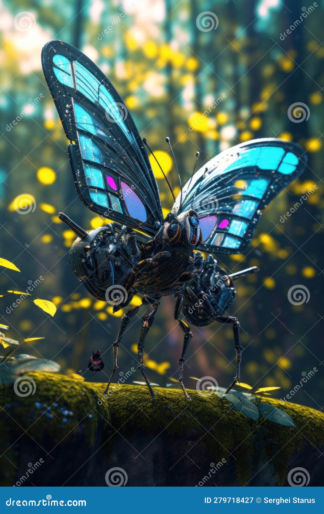 A Blue and Black Insect Sitting on Top of a Moss Covered Rock ...