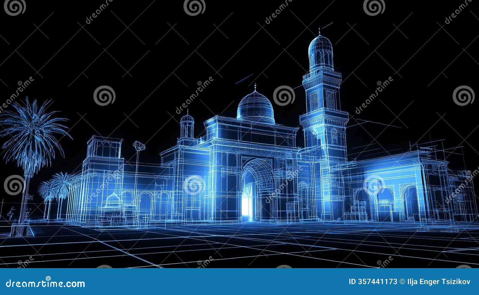 Blue Blueprint Wireframe of a Mosque on a Black Background, Modern ...