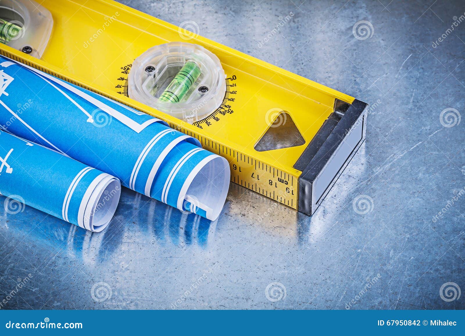 Blue Blueprints Construction Level on Metallic Background Mainte Stock ...