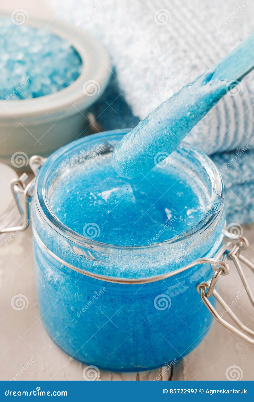 Blue Body Scrub and Other Spa Cosmetics Stock Photo - Image of pastel ...