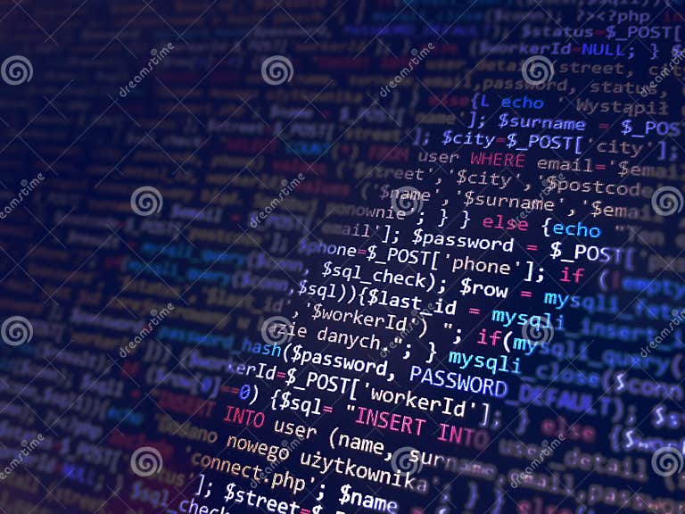 Blue Bokeh Computer Code Background for Job Offer. Stock Image - Image ...