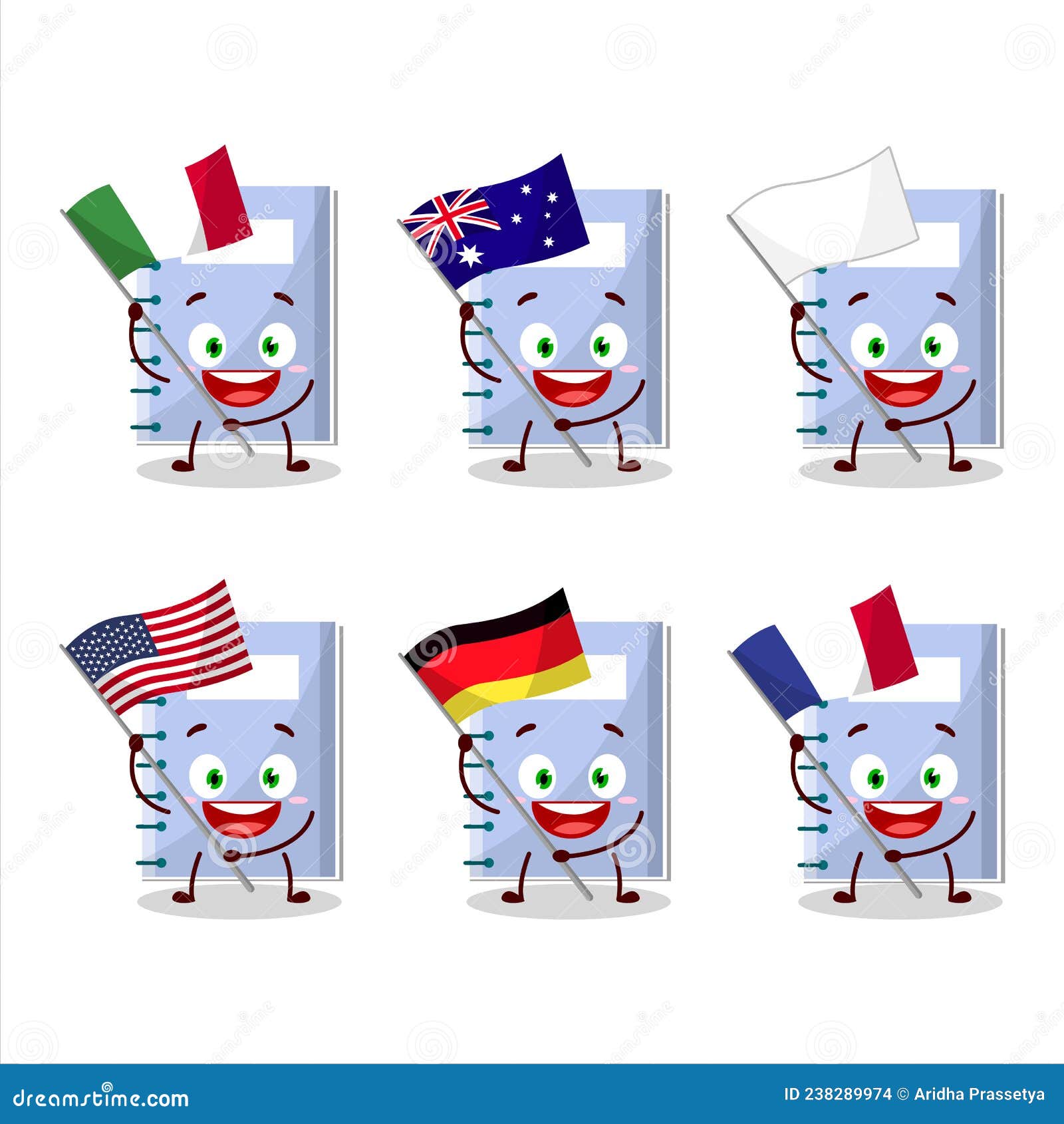 Blue Book Cartoon Character Bring The Flags Of Various Countries Stock